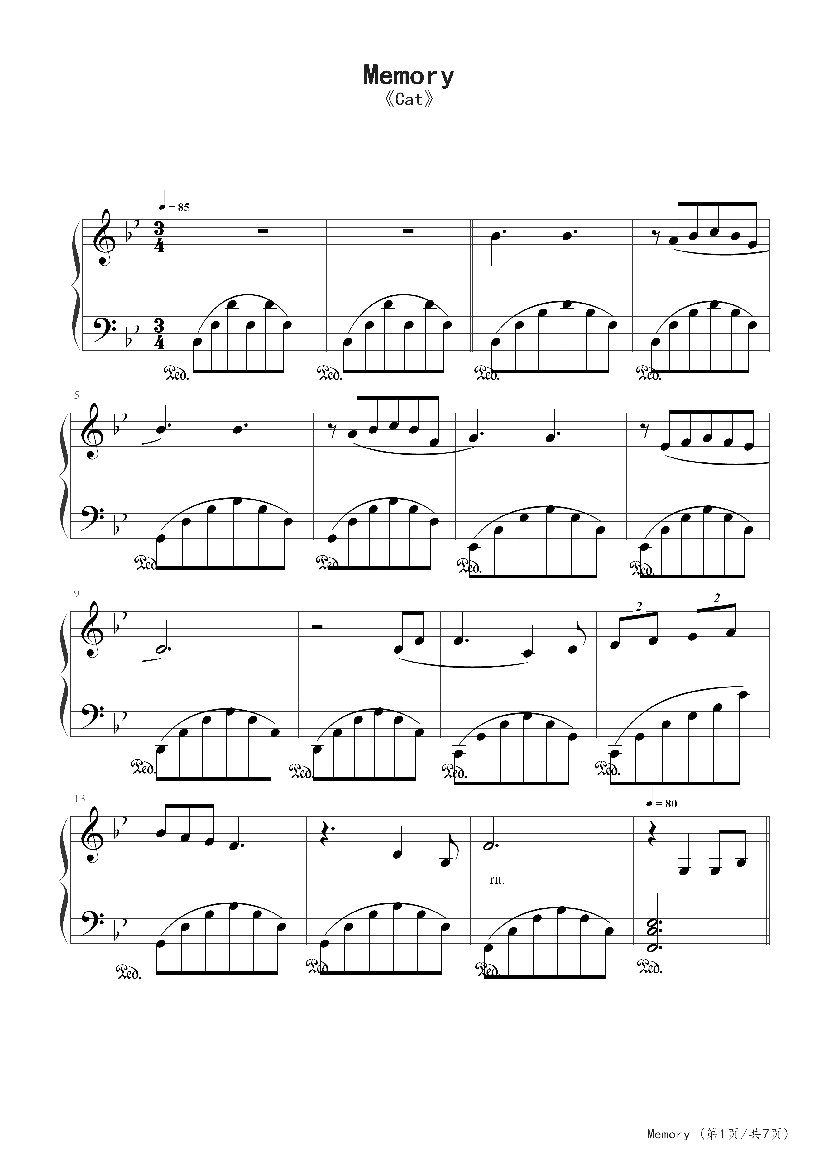 Memory（cat）钢琴谱 Andrew Lloyd Webber B调 流行钢琴谱五线谱独奏谱 钢琴谱 钢琴五线谱 钢琴简谱 钢琴弹唱谱