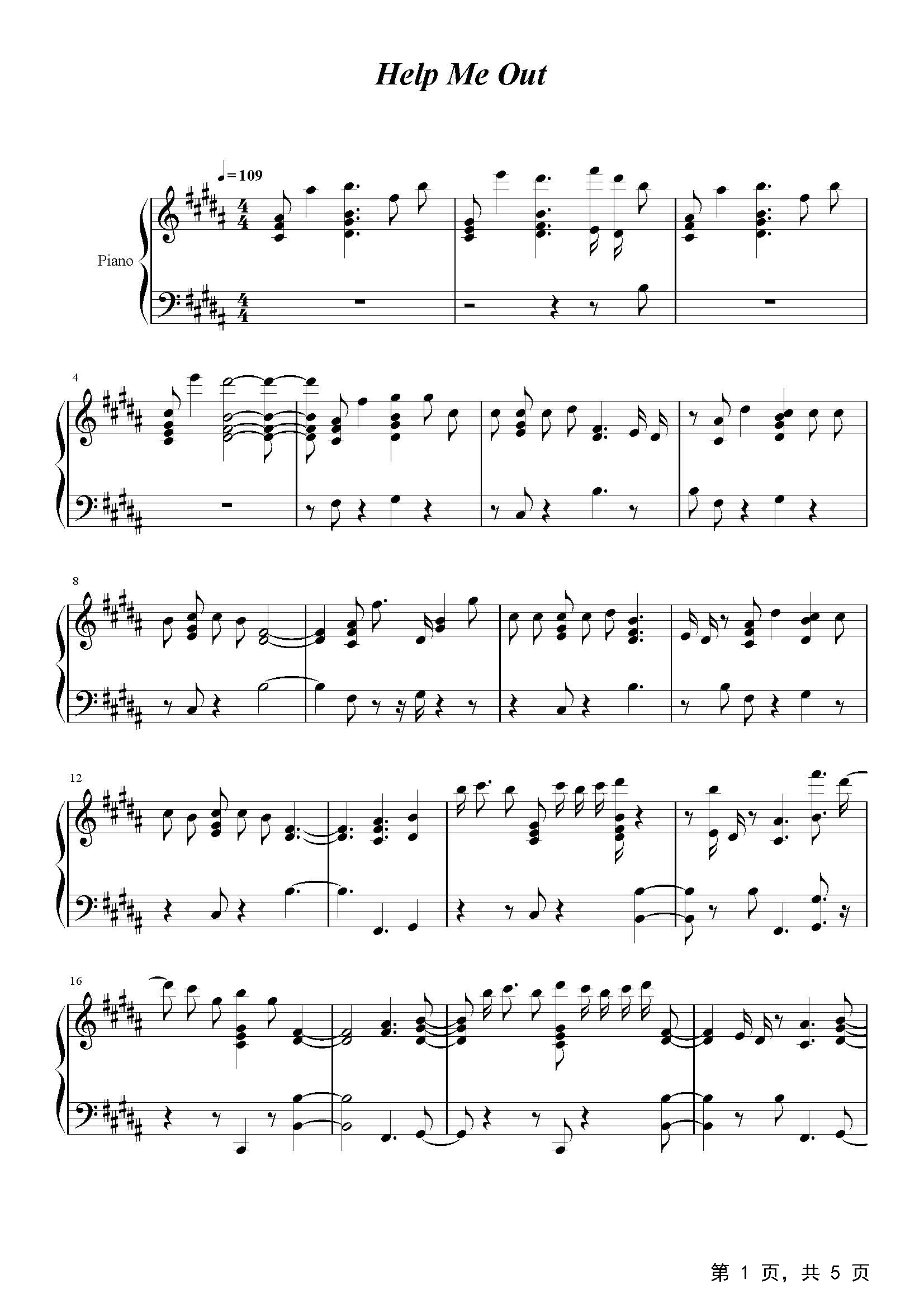 Help Me Out钢琴谱maroon 5 Julia Michaelsb调流行钢琴谱五线谱独奏谱钢琴谱钢琴五线谱钢琴简谱钢琴