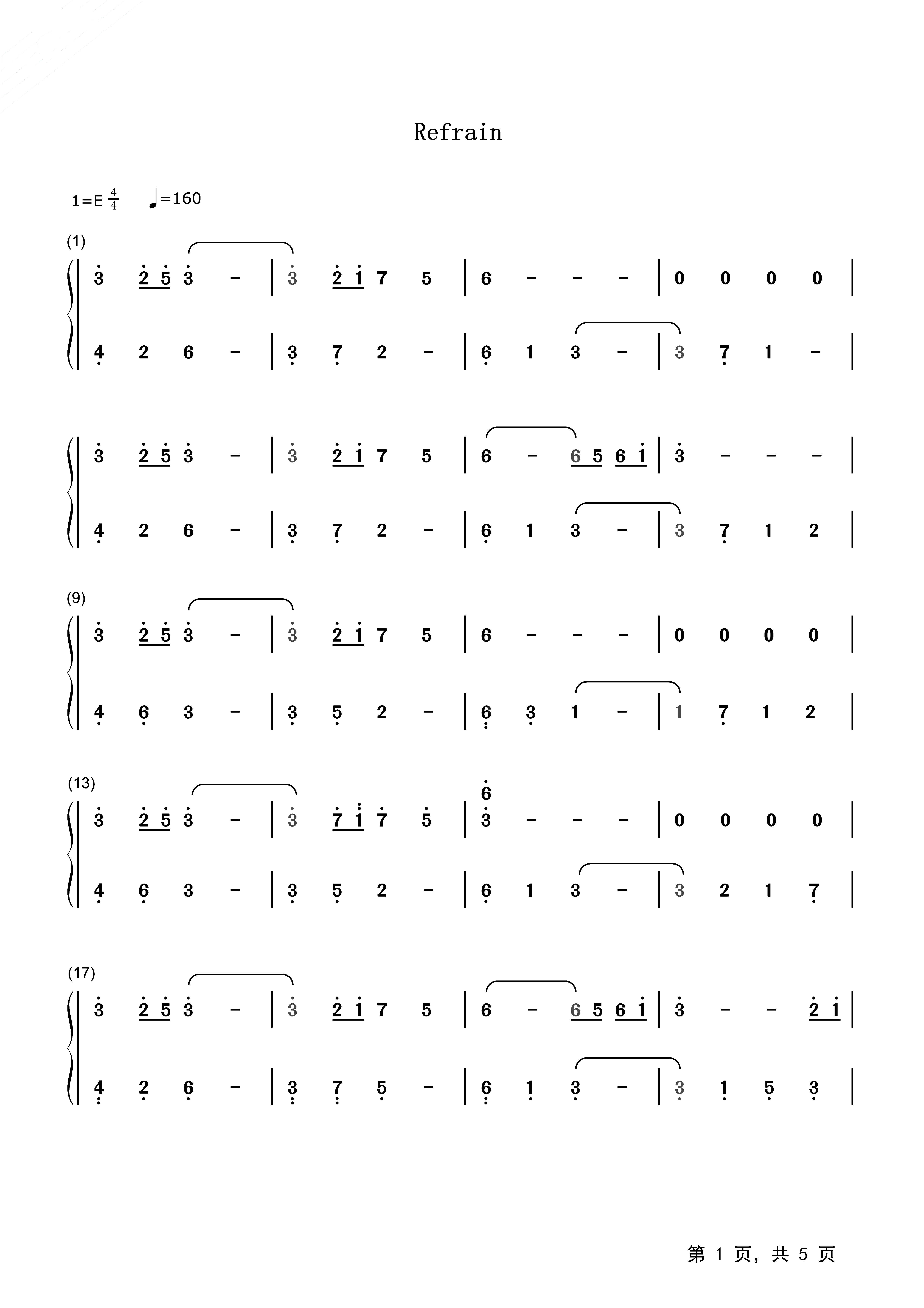 Refrain-Anan-Ryoko钢琴谱_Anan Ryok_E调_流行钢琴双手简谱_钢琴谱|钢琴五线谱|钢琴简谱|钢琴弹唱谱|钢琴声乐正谱|钢琴视频教程—牛牛钢琴